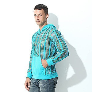 Men's Fishnet Hoodie Shirt Striped Mesh Sheer See Thru Muscle Top Gym Workout Active Shirts Summer Baggy Loose Tee Shirts Blue - Long Sleeve X-Large