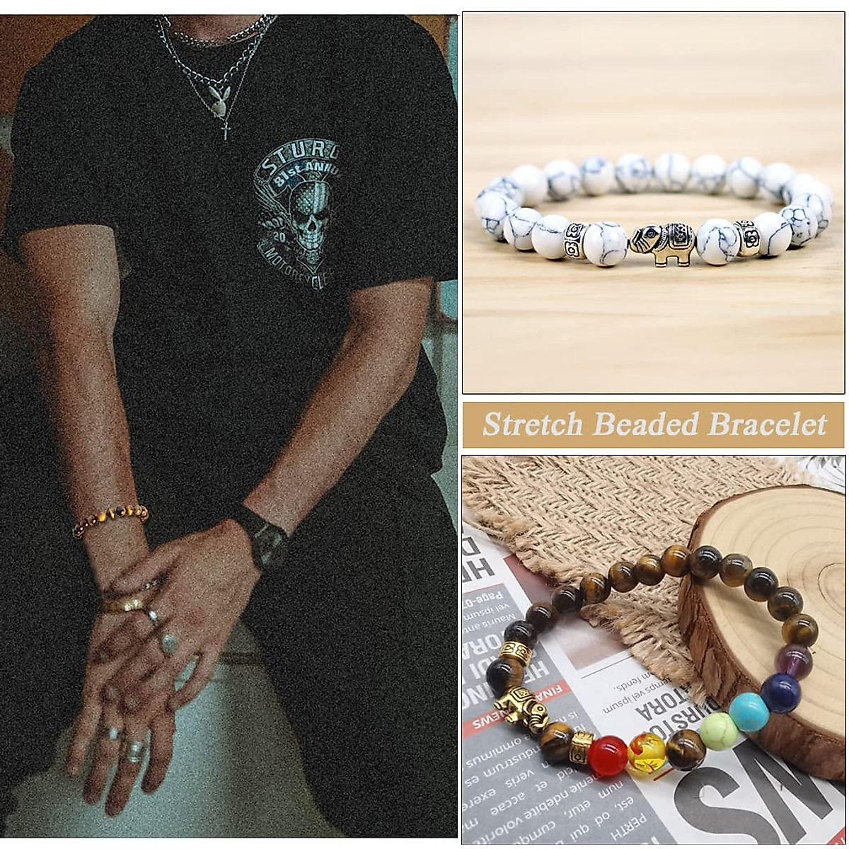 SAMOCO 10PCS 8MM Chakra Bead Bracelet Elephant Gifts for Women Men Handmade Gemstone Bracelets Stretch Bracelet Crystal Lava Rock Reiki Yoga Balancing Bracelets