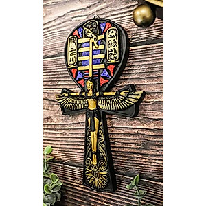 Ebros Crux Ansata Egyptian Ankh Of Isis With Open Wings And Cartouche Hieroglyphs Wall Decor Accent 3D Plaque Figurine 7.5" High Symbol of Life And Balance Gods Of Egypt (Colorful Black And Gold)