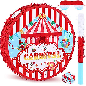 Deekin Carnival Pull String Piñata Circus Tent Piñata with Blindfold Piñata Stick and Confetti Large Carnival Piñata for Birthday Party Circus Carnival Party Decorations Supplies for Kids Baby Shower