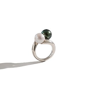 HUKQBUNX 925 Sterling Silver Two Natural Pearls CZ Black Pearl White Pearl Women's Precious Wedding Engagement Couple Party Ring