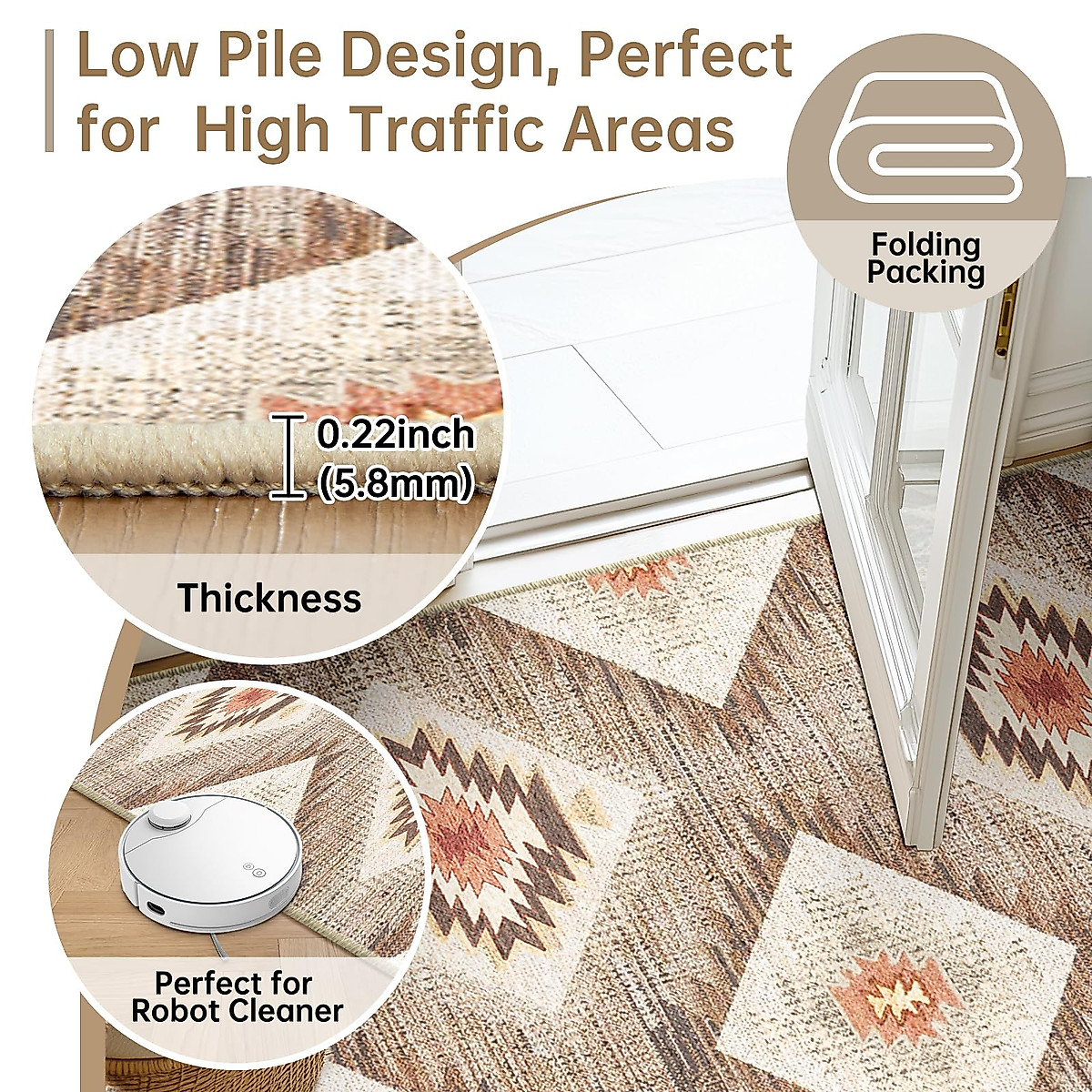 BESTSWEETIE 8x10 Area Rugs, Washable 8x10 Rug, Non Slip Floor Carpet, Low Pile Water Repellent, Ultra Soft Moroccan Rugs for Living Room Bedroom Indoor-Cream/Camel