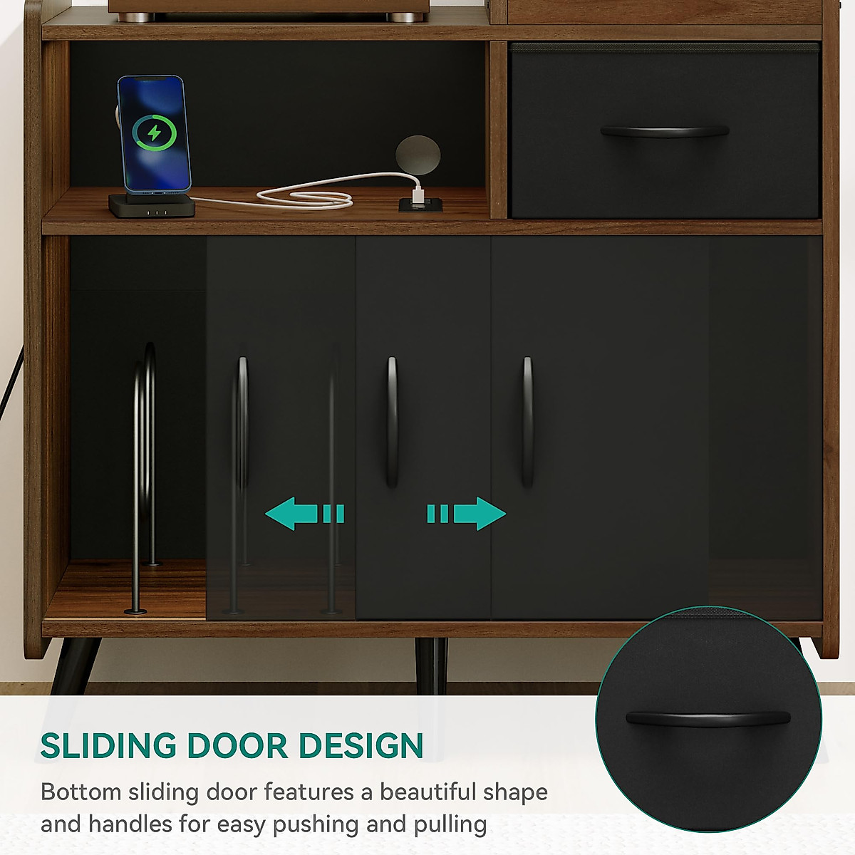 YITAHOME Record Player Stand with Storage, Wooden Turntable Stand with Sliding Door, Record Player Table with Charging Station & USB Ports for Living Room, Bedroom, Office