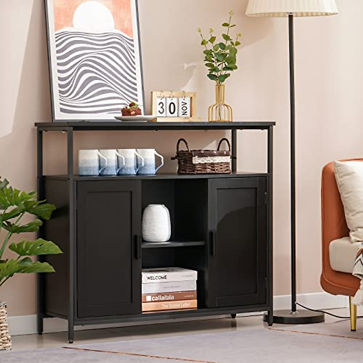 usikey Storage Cabinet with 2 Doors, Kitchen Buffet Cabinet with Storage, Storage Sideboard with Adjustable Shelves, for Living Room, Dining Room Dark Black