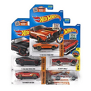 Hot Wheels Muscle Car Madness 5 Pack Random Diecast Bundle Set with Various Corvettes, Mustangs, Camaros, Chargers, GTO"s, Firebirds, Shelby, and More