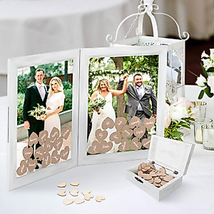 Elegant Wedding Guest Book Alternative - Wedding Guest Book Frame of Pinewood - Foldable Guest Book Wedding Reception Alternative w/2-Photos Space, Stand, Hanger, 100 Wooden Hearts & Box for Any Event