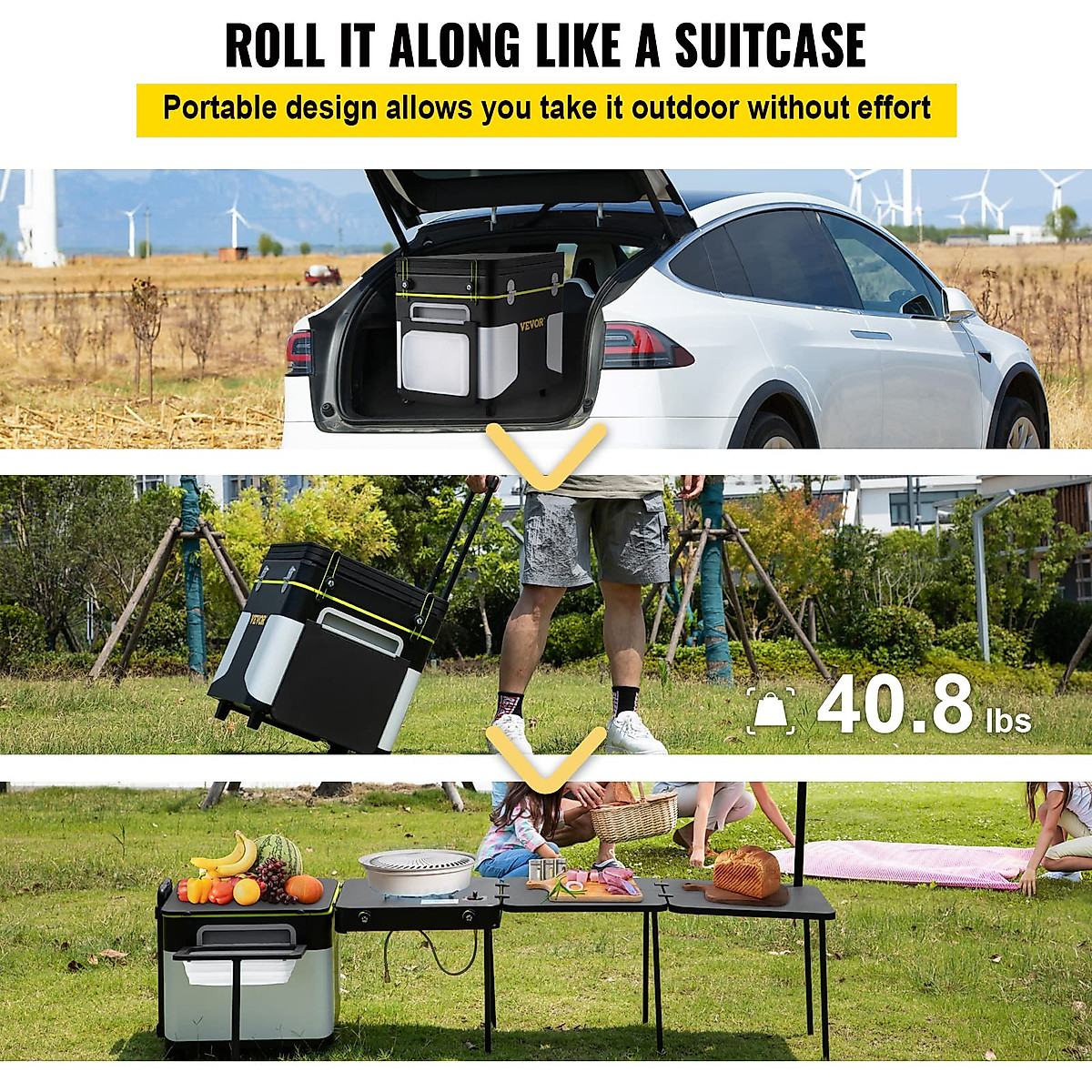 VEVOR Camping Kitchen, Outdoor Cooking Station Multifunctional Integrated Box with Wheels & Windproof Stove Portable Folding Tables Storage Organizer, for Picnic BBQ Beach Traveling, Black