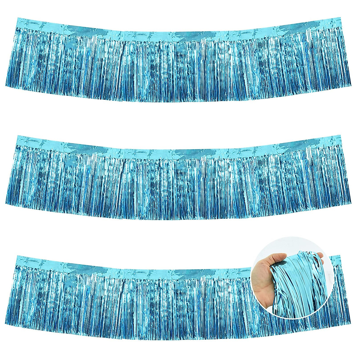 BEISHIDA 3 Packs Metallic Foil Fringe Garland Baby Blue Wall Hanging Tinsel Fringe Banners for Car Floats Bridal Shower Wedding Birthday Easter Graduation Holiday Party Decoration(30 Feet)
