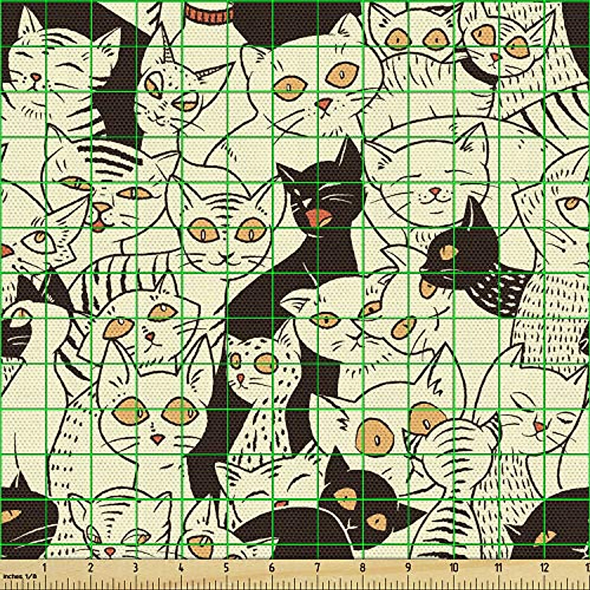 Lunarable Cat Fabric by The Yard, Modern Big Eyed Funk Style Kitties with Retro Influences Animal Graphic, Decorative Fabric for Upholstery and Home Accents, 1 Yard, Yellow Black