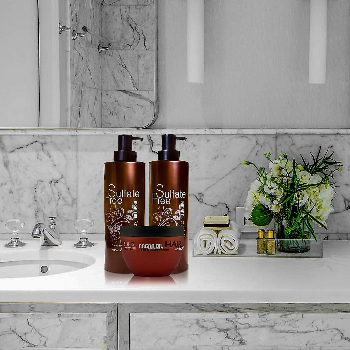 BINGO HAIR CARE Moroccan Argan Oil Shampoo Conditioner and Mask Set, Sulfate Free for Damaged, Dry, Curly or Frizzy Hair - Thickening for Fine/Thin Hair Safe for Color and Keratin Treated Hair