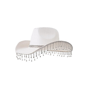 QWINEE Cowboy Hat with Rhinestone Tassel Decor Halloween Cow Fedora Hat Western Cowboy Hat Costume Accessories for Women Men White one-Size