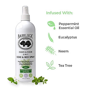 BarkLogic - 2in1 Dog/Puppy Coat & Bed Spray - Sensitive Skin - Safe - Infused with Essential Oils - Refreshing Naturally Derived Scent - Spray on Pets & Household Items - Made in USA - 16 oz - Mint