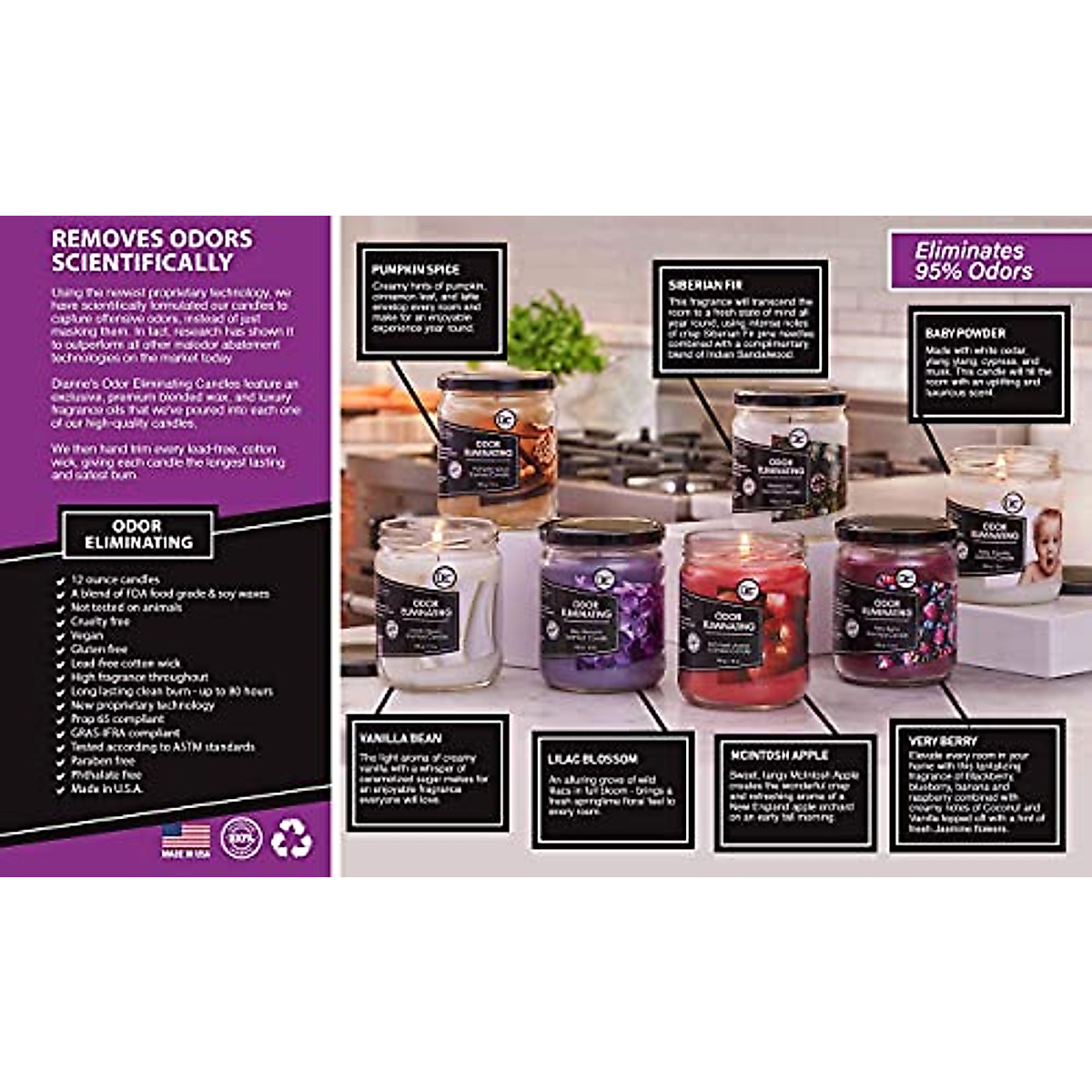 Vanilla Bean Odor Eliminating Highly Fragranced Candle - Eliminates 95% of Pet, Smoke, Food, and Other Smells Quickly - Up to 80 Hour Burn time - 12 Ounce Premium Soy Blend