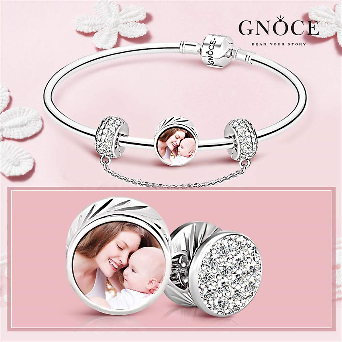 GNOCE Custom Photo Charm Bead Sterling Silver Special Love for You Personalized Picture Charm Rose Gold fit All Bracelets Necklaces (Silver)