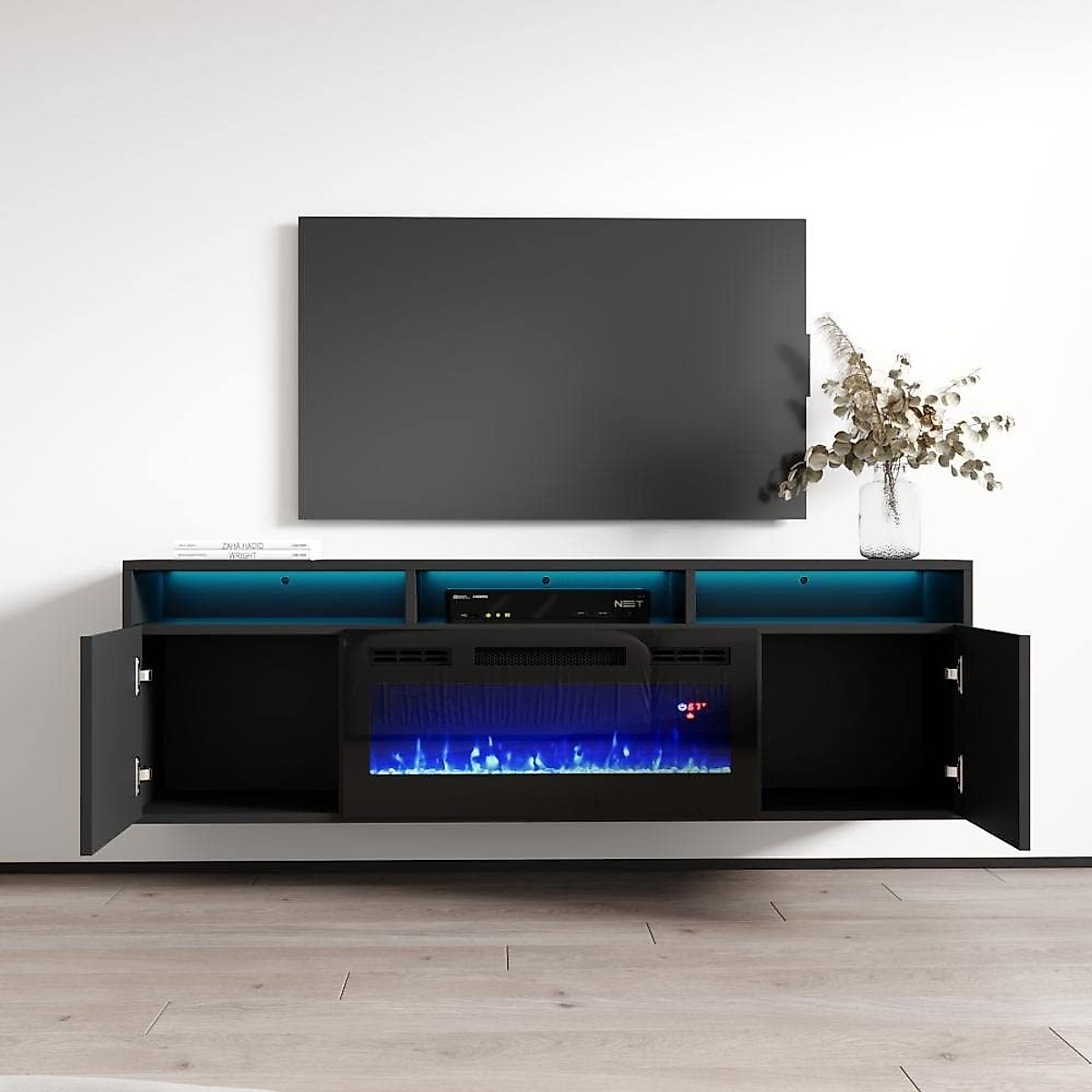 Meble Furniture Giza BL-EF 63'' Floating Fireplace TV Stand - Modern High Gloss TV Stand with Storage Cabinets - Central Entertainment Center Console Table for TVs up to 70" - Black