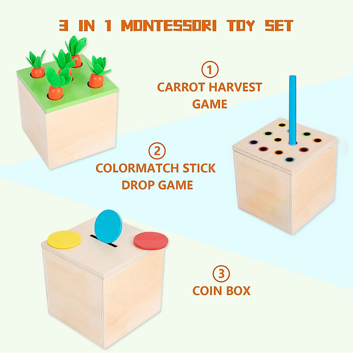 Wooden Montessori Toys for 1 2 3 Year Old Baby Gifts,Play Kit Box includes Carrot Harvest Games, Montessori Coin Box for 6-12 Months and Fine Motor Skills Toys for 1 Year Old (3-in-1)