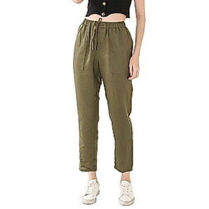 Amazhiyu Womens Linen DrawstringCropped Pants Elastic Waist with Pockets for Summer Casual (US, Alpha, Medium, Regular, Regular, Green)