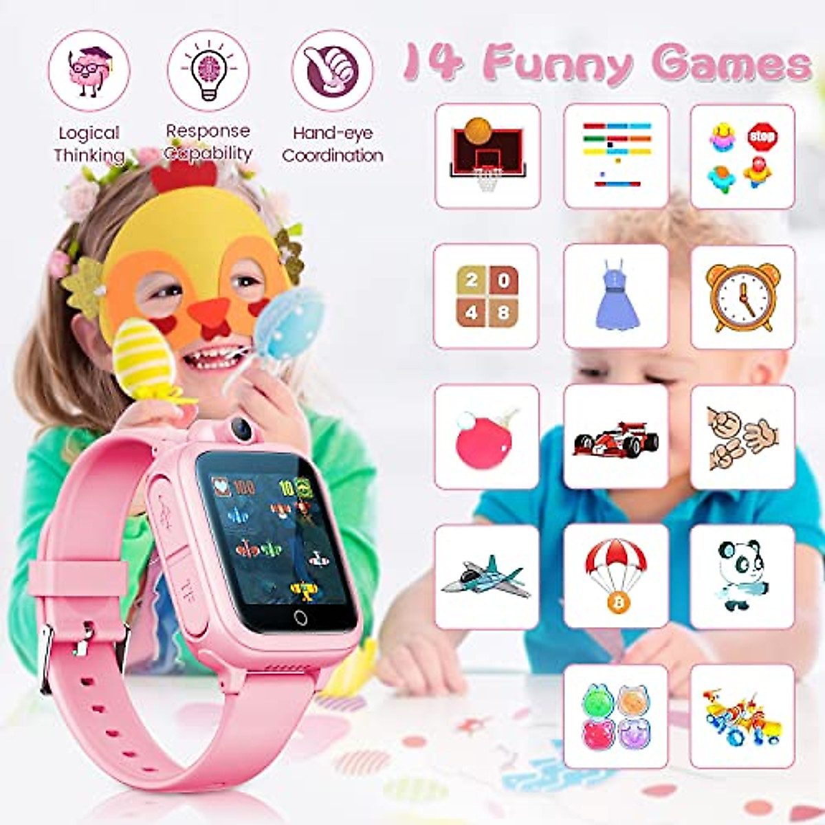 Kids Smart Watches Girls Gifts Age 3-12, Smart Watch for Kids with Camera Video Music Player 14 Games Alarm Calculator Gift Toys 4-8 for Girls Ages 5 6 7 8 9 10 (Pink)