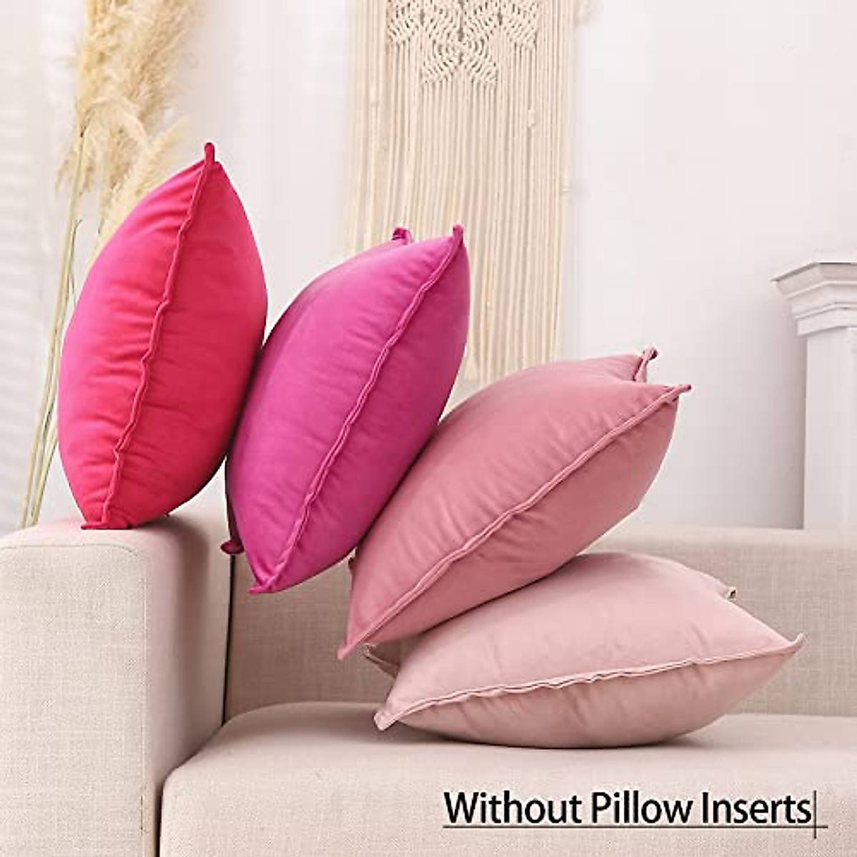 CARRIE HOME Pink Velvet Throw Pillow Covers 18x18 Set of 4 Hot Pink Light Blush Pink Room Decor Throw Pillows 18 x 18 Soft Decorative Pillows for Bedroom & Living Room (No Inserts)