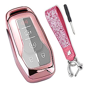 Royalfox(TM) 4 5 Buttons TPU keyless Entry Remote Key Fob case Cover for Ford Mustang F150 F450 Explorer Taurus Fusion Edge Lincoln MKZ MKC MKX Key Strap (Rose Gold)
