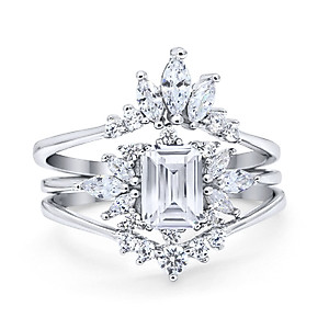 Blue Apple Co. Simulated Cubic Zirconia Size-7 Emerald Cut Trio Set Wedding Ring Three Piece Bridal Set Marquise Round CZ 925 Sterling Silver
