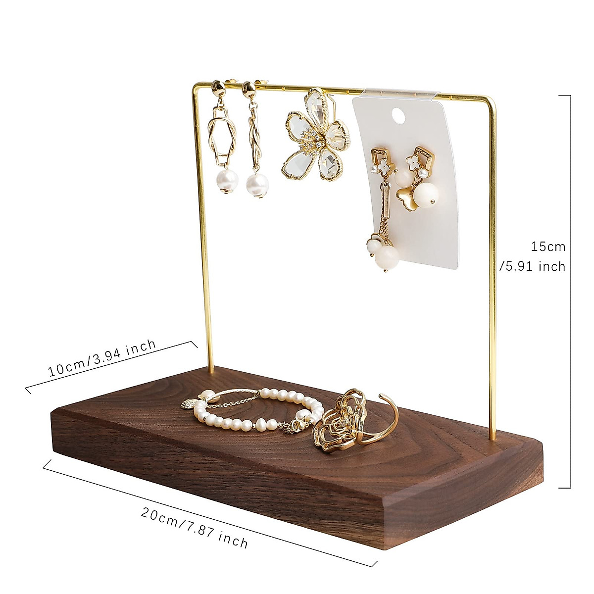 GemeShou Walnut Brass Jewelry Storage Display, Wooden earring organizer for dangle hoop hook, Earring display stands for boutique Closet show【Walnut U Shelf Height 5.91"-Big】