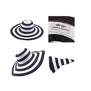 Women's Beachwear Sun Hat Black and White Striped Straw Hat Floppy Beach Hat Foldable Wide Brim Cap