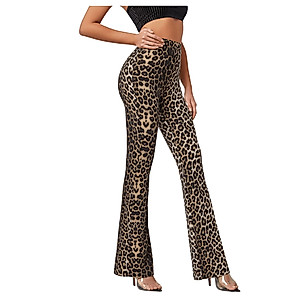 WDIRARA Women's Elastic High Waist Leopard Print Flare Leg Casual Long Pants Brown Animal XL