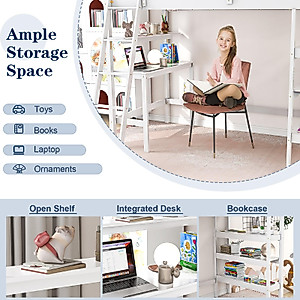 KOMFOTT Twin Loft Bed with Desk & Storage Shelves, Wood Loft Bed Frame for Kids Teens with Bookcase, Ladder, Guardrail, No Box Spring Needed, Space-Saving Loft Bed for Dorm, Apartment