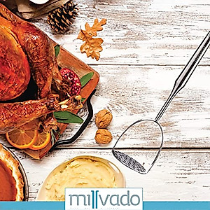 Millvado Potato Masher Stainless Steel, Best Mashed Potatoes Masher Kitchen Tool, Potato Smasher For Potatoe, Avocado, Sweet Potato, Beans, Large Heavy Duty Metal Mashing Utensil, 12.5 Inch