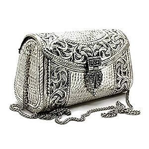 Trend Overseas women gift bridal bag Brass Metal Clutch Sling Bag Indian Ethnic Antique clutch (Silver)