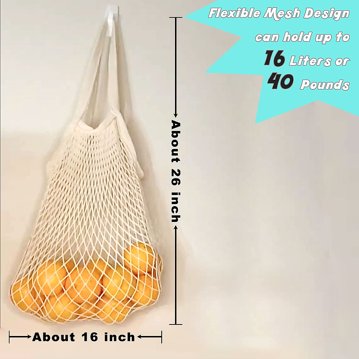 BUONVEZZO 5 Pack Reusable Grocery Bags - 100% Cotton Mesh Produce Bags with Long Handle, Washable Kitchen String Shopping Netted Tote Bag for Fruits and Vegetables