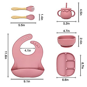 Rayshie Silicone Baby Feeding Supplies 6 in 1, Baby Dishes, Baby Plates for Babies, Baby Utensils 6-12 Months, Silicone Bibs for Babies, Straw Cup, Baby Led Weaning Supplies, BPA Free