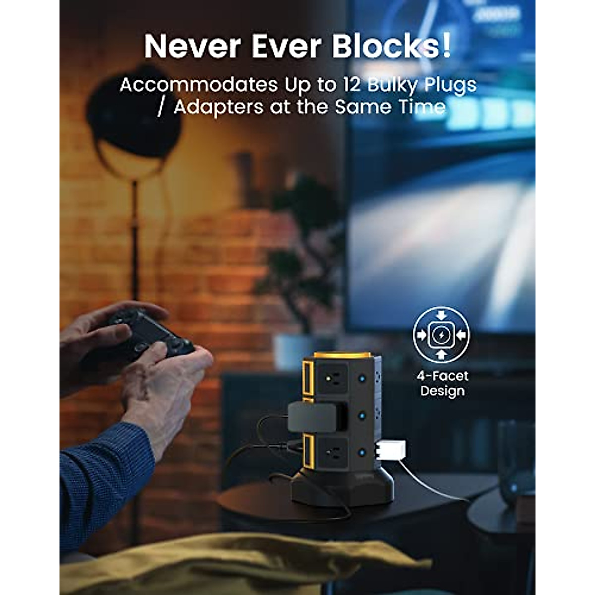 Power Strip Tower, SUPERDANNY Surge Protector Tower with 15W Magnetic Wireless Charger, 1050J, 13A Charging Station with 12 AC Outlets & 6 USB Ports, 6.5ft Extension Cord for Home Office, Gold