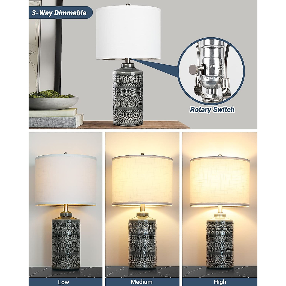 Modern Ceramic Table Lamp, 24.5" Living Room Lamps 3-Way Dimmable Gray Nightstand Lamp with White Shade|Tall Bedside Lamp Desk Decor Lamps for Bedrooms Farmhouse Office End Table Lamps(Bulb Included)