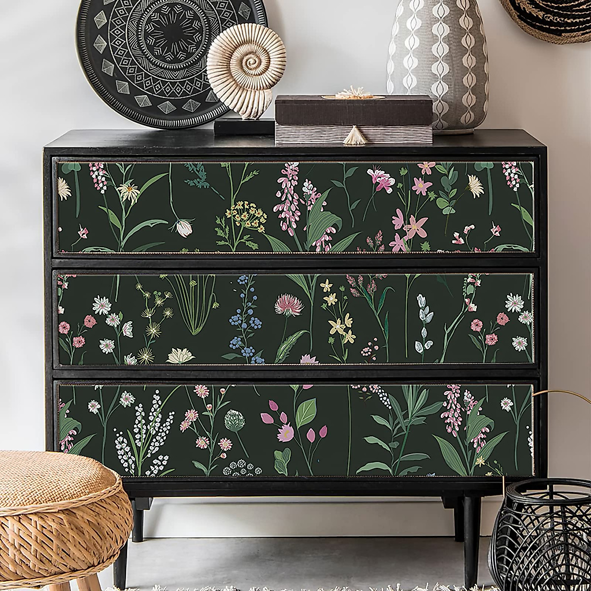 Rose Floral Drawer Liner Peel and Stick Contact Paper self Adhesive Wallpaper Removable Vinyl Decorative Shelf Drawer Liner 118 inch x17.4inch (Dark Green Floral, 118 inch x 17.4 inch)