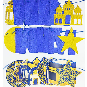 JKQ Blue Glitter Ramadan Kareem Banner and Lantern Star Moon Castle Pattern Banner Muslim Ramadan Mubarak Garland Banner Islamic Eid Mubarak Festival Celebration Party Fireplace Decorations