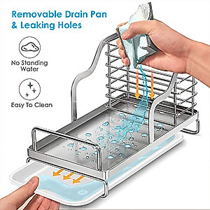 Nieifi Sink Caddy Organizer Sponge Soap Brush Holder with Drain Pan Stainless Steel for Kitchen
