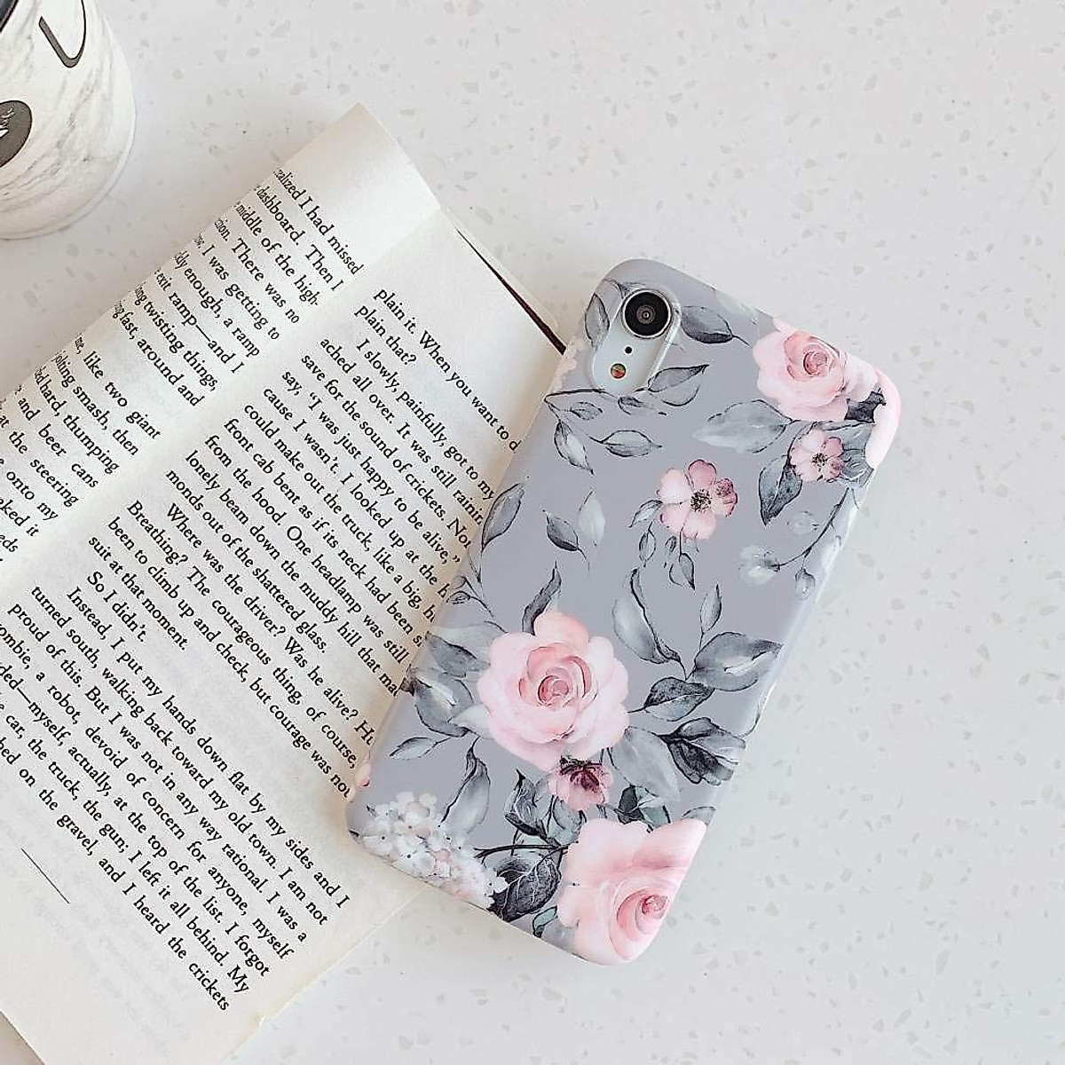 YeLoveHaw for iPhone XR Case for Girls, Flexible Soft Slim Fit Full Protective Cute Shell Phone Case Cover with Purple Floral and Gray Leaves Pattern for iPhone XR 6.1 Inch (Pink Flowers)