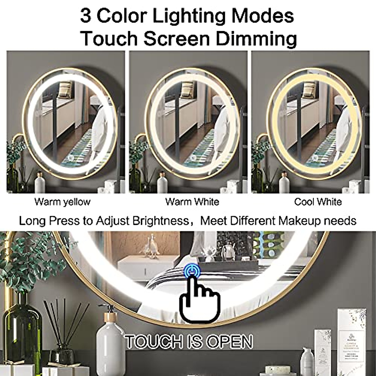 Redsun Vanity Table Set with 3 Color Touch Screen Dimming Mirror,Makeup Dressing Table with 3 Sliding Drawers and Cushioned Stool,Dresser Desk for Women/Girls (Silver Gray, 15.7Wx35.4L)…