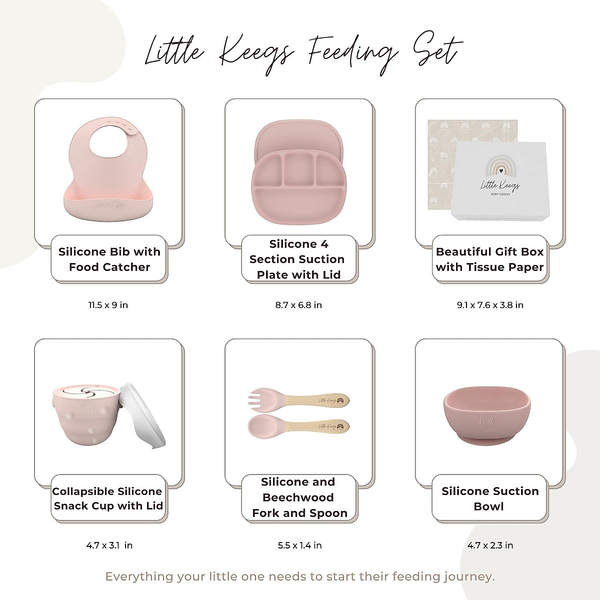 Little Keegs Baby Feeding Set - Baby Must Haves Gift Set - Baby Led Weaning Supplies - Toddler Silicone Dishes - Suction Baby Bowl, Bib, Snack Cup, Utensils, Baby Plate Set of 8 (Pink)