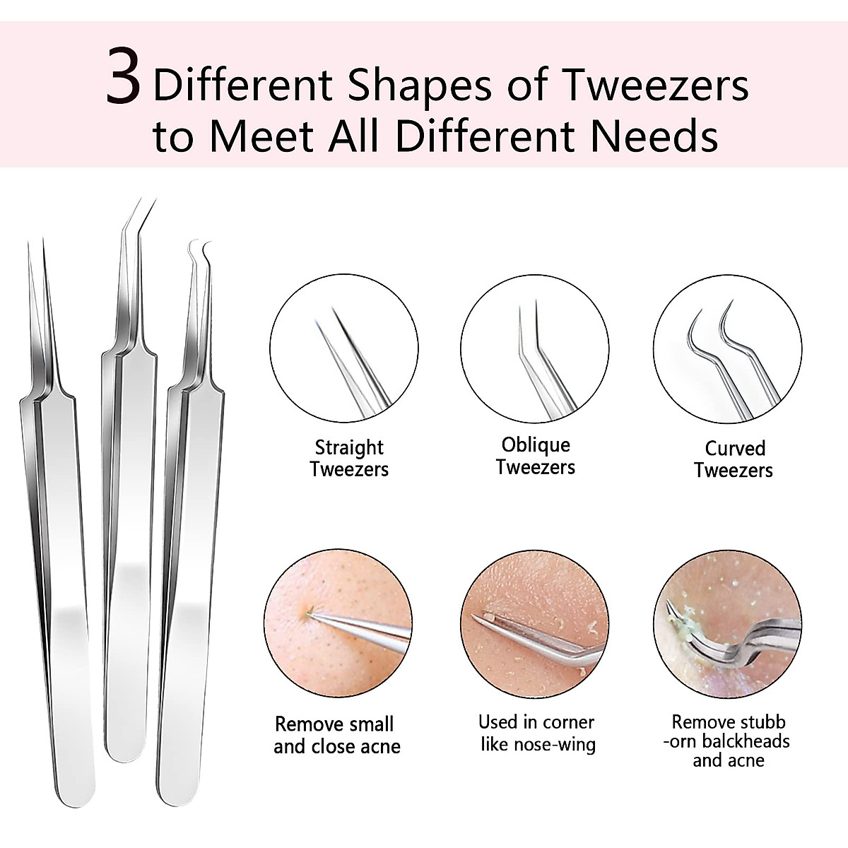 Xesscare Pimple Popper Tool Kit 7 Pcs Blackhead Remover Tool Comedones Tweezers Acne Extractor Blemish Whitehead Removal Tool for Facial, Nose and Forehead (Silver)