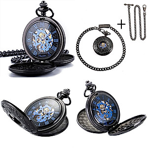 ManChDa Mechanical Double Cover Roman Numerals Dial Skeleton Engraved Pocket Watches with Box and Chain Personalized Custom Engraving for Husband Groomsman Best Man to My Love | King