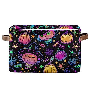 Halloween Black Cat Stars Storage Basket Bins Sturdy Toy Storage Organizer Bins Laundry Basket with Handles for Living Room Clothes Nursery Closet Shelf Playroom,1 pcs