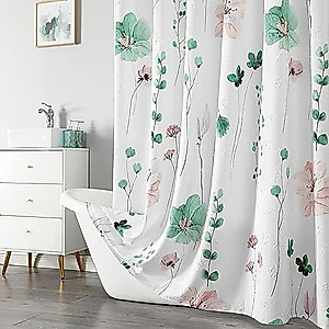 QiyI Watercolor Floral Shower Curtain, 3D Embossed Butterflies Sage Green Flower Bathroom Curtain, Minimalist White Cloth Bath Curtain, Waterproof Fabric Textured Shower Curtain Set with Hooks, 72x72