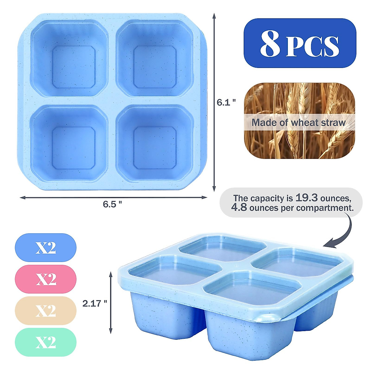 TKOnline Set of 8 Bento Snack Boxes, Meal Prep Container, 4 Compartments Leakproof Food Prep Containers for School, Work and Picnic
