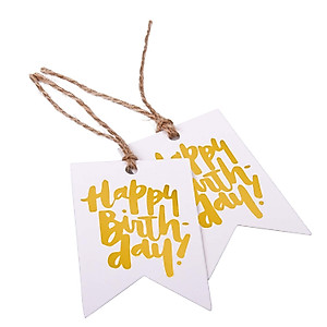 WRAPAHOLIC Gift Tags with String - 100PCS White Kraft Happy Birthday Paper Tags with 100 Feet Natural Jute Twine for Wedding, Baby Shower, Party Favors