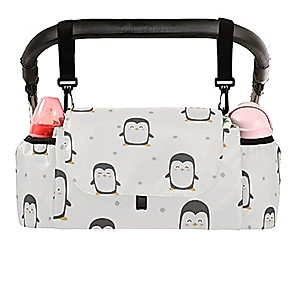 Sinestour Cute Penguin Animals Stroller Organizer with Cup Holder Universal Stroller Organizer Bag Detachable Shoulder Strap Stroller Accessories for Diaper Phone Keys Toys Fit All Baby Stroller