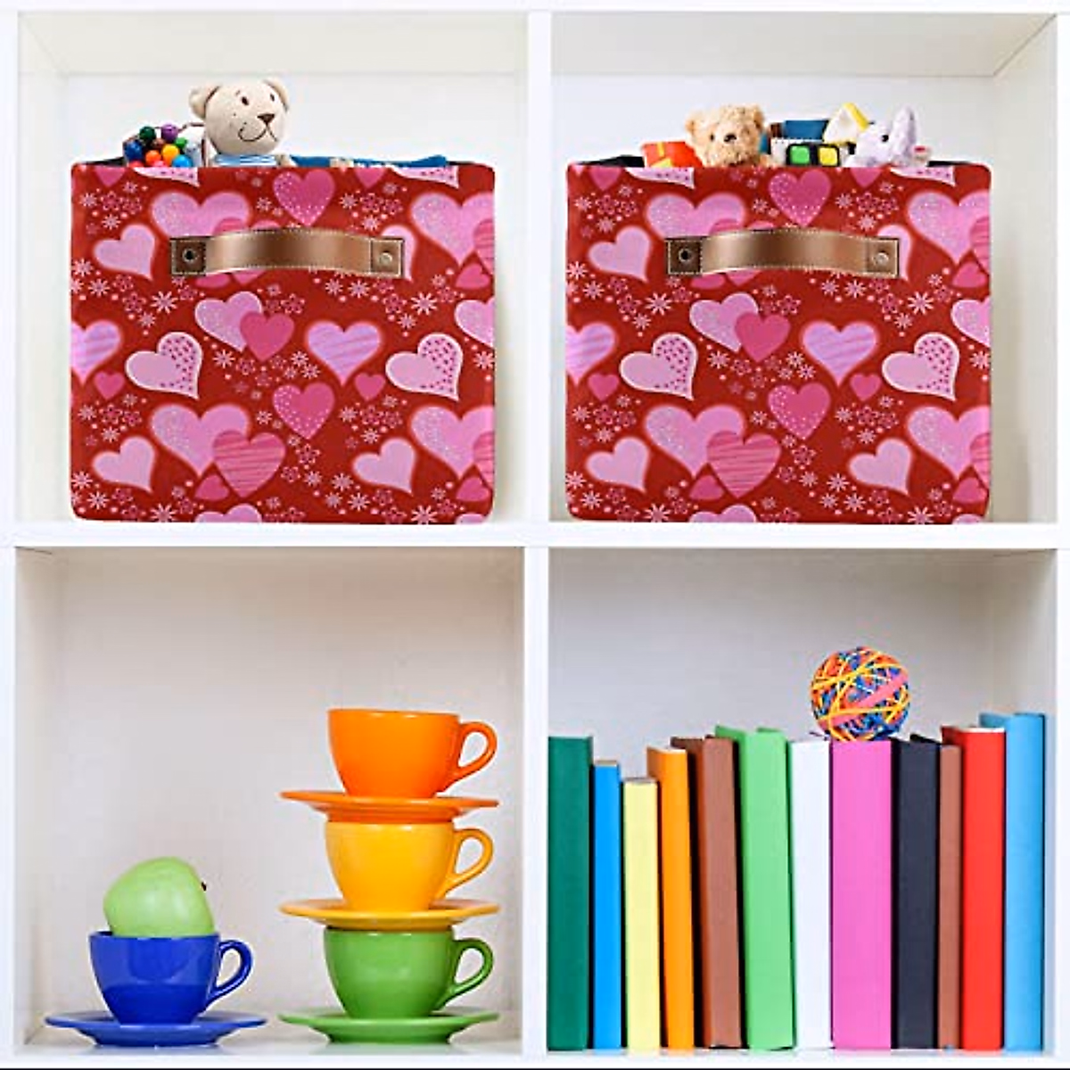 Wusikd Valentines Day Red Heart Storage Basket Set of 1 Large Fabric Flowers Spring Storage Basket Bins Box Cube with Handles Collapsible Closet Shelf Clothes Organizer Basket for Nursery Bedroom