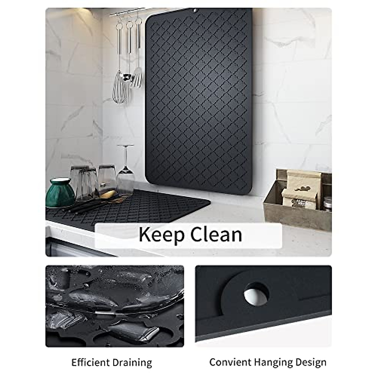 AMOAMI-Dish Drying Mats for Kitchen Counter Heat Resistant Mat Kitchen Gadgets Kitchen Accessories (16" x 24", BLACK)